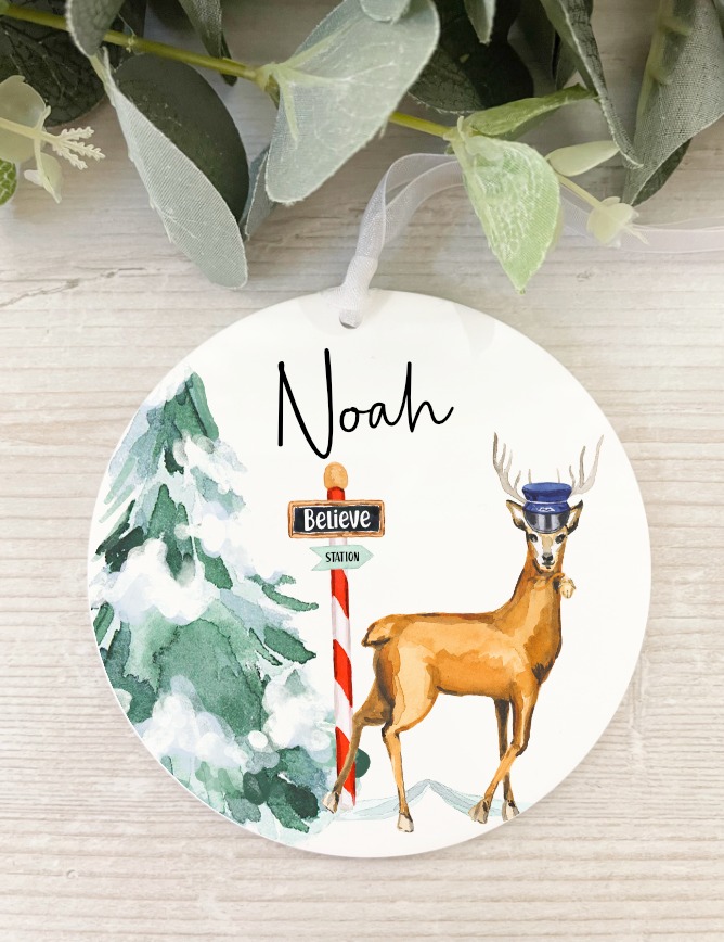 Personalised Woodland Train Conductor Decoration – The Rusty Hare